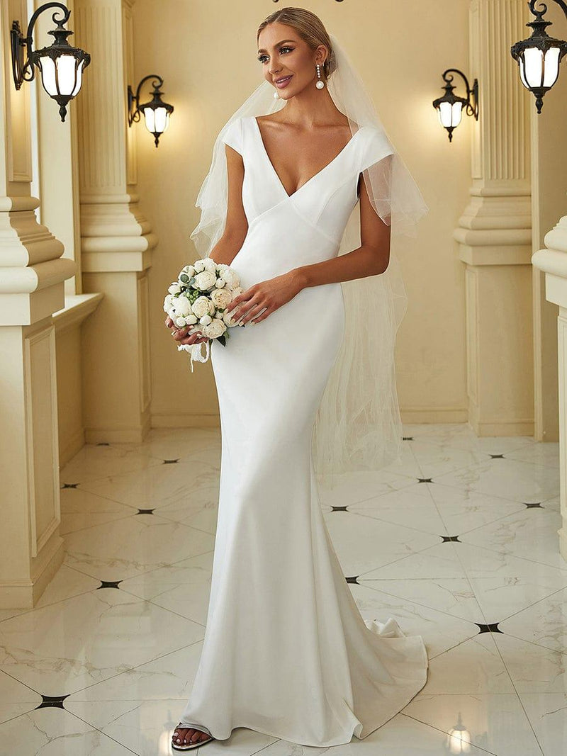 V-Neck Backless Cap Sleeve Knitted Fishtail Wedding Dress - Ever-Pretty US