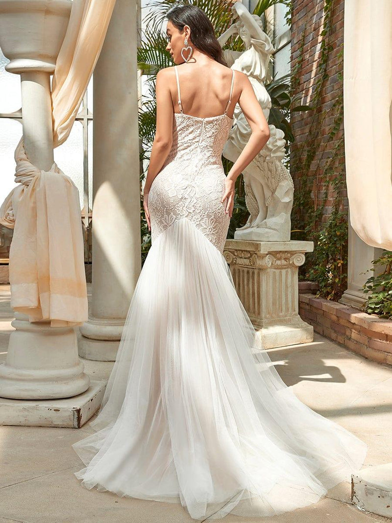 Spaghetti Strap Lace Backless Long Fishtail Wedding Dress - Ever-Pretty US