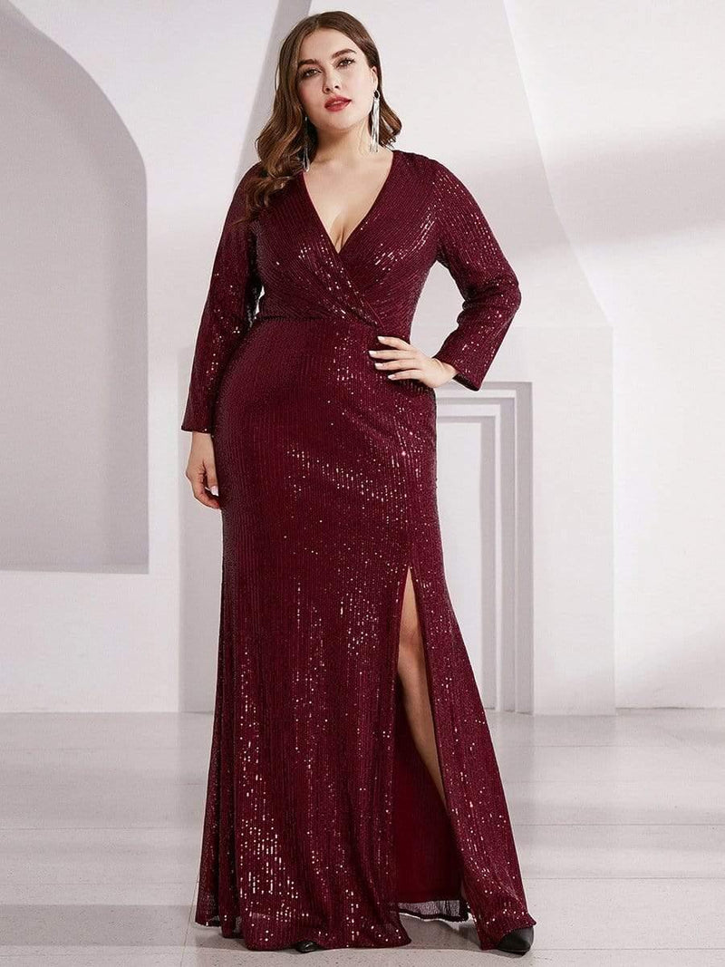 Long Sleeve Sequin Evening Dress with Side Split - Ever-Pretty US