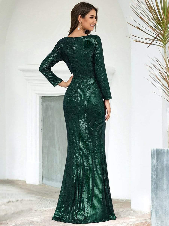 Long Sleeve Sequin Evening Dress with Side Split - Ever-Pretty US