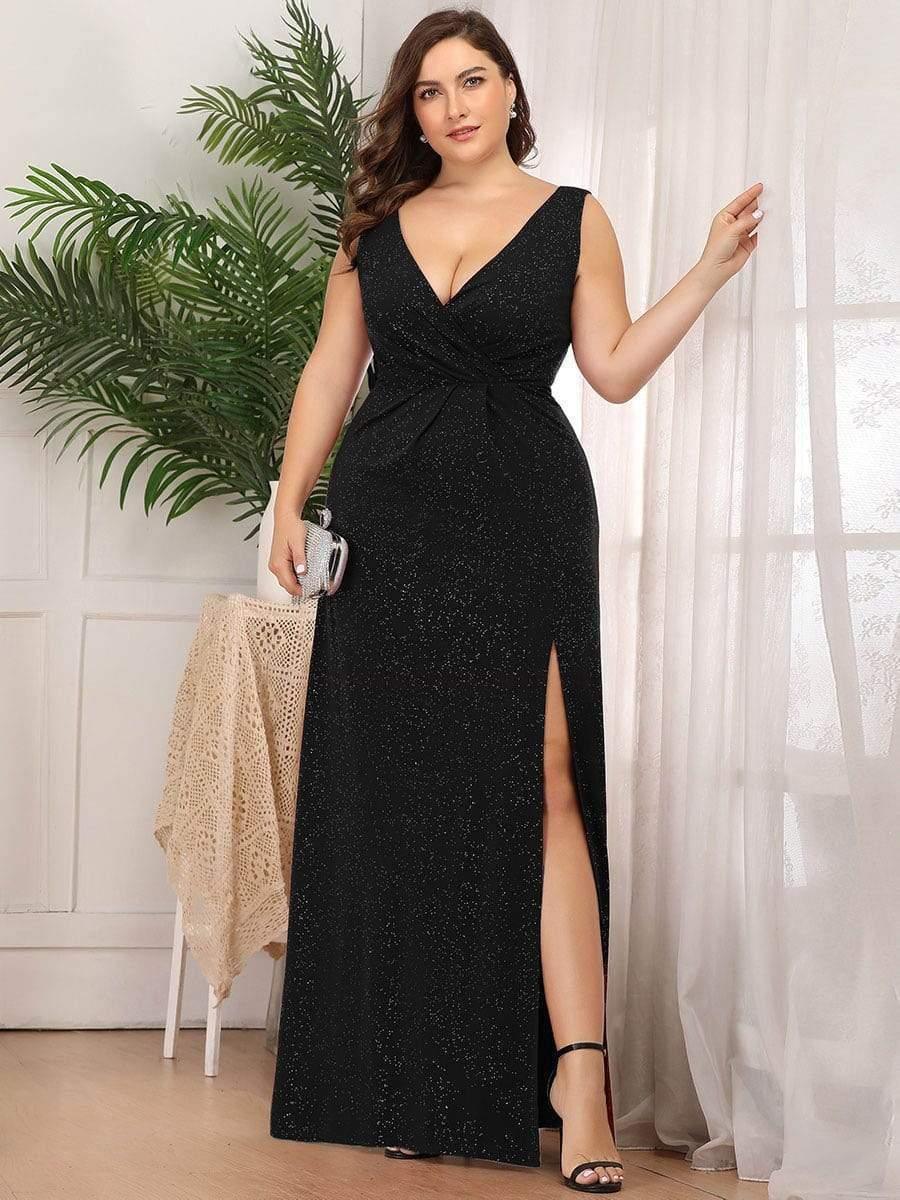 Plus Size Shimmery V Neck Side Split Maxi Formal Evening Dress - Ever ...