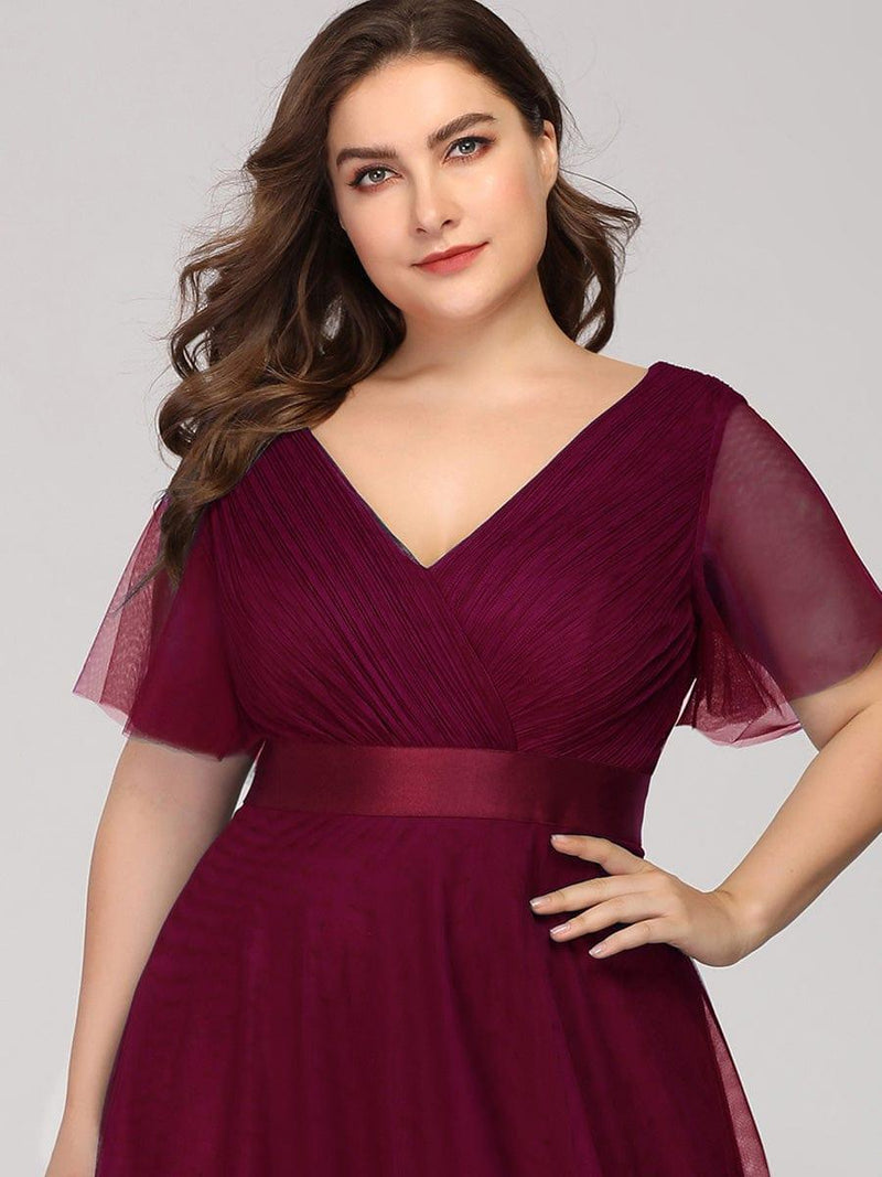 Custom Size Double V Neck Short Sleeve Maxi Tulle Bridesmaid Dress