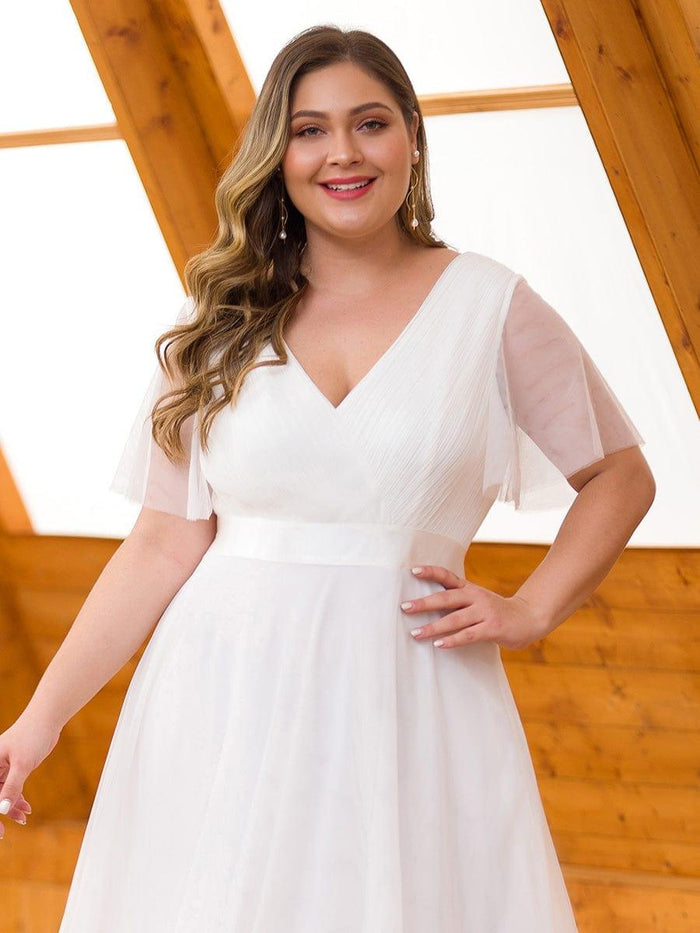 Custom Size Double V Neck Short Sleeve Maxi Tulle Bridesmaid Dress