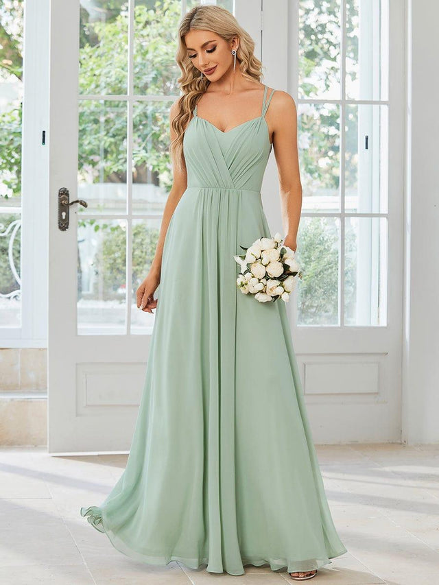 Pleated Chiffon Spaghetti Straps Bridesmaid Dress with Lace Open Back ...